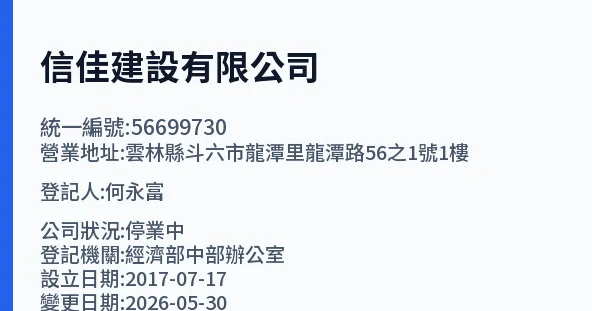 信佳建設有限公司的照片-統編 56699730(雲林縣) 公司登記資料與營業項目詳細圖表