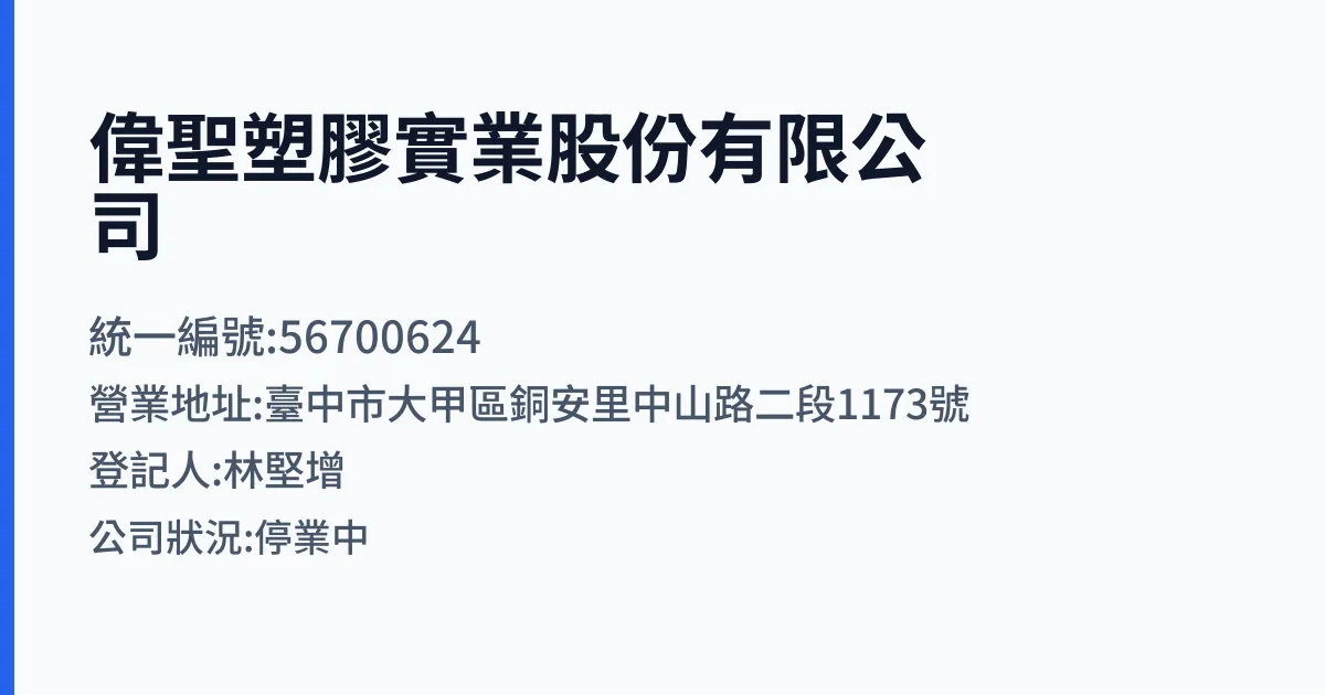 偉聖塑膠實業股份有限公司 - 統編 56700624(臺中市) 公司登記資料與營業項目詳細圖表