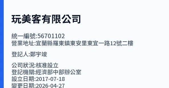 玩美客有限公司的照片-統編 56701102(宜蘭縣) 公司登記資料與營業項目詳細圖表