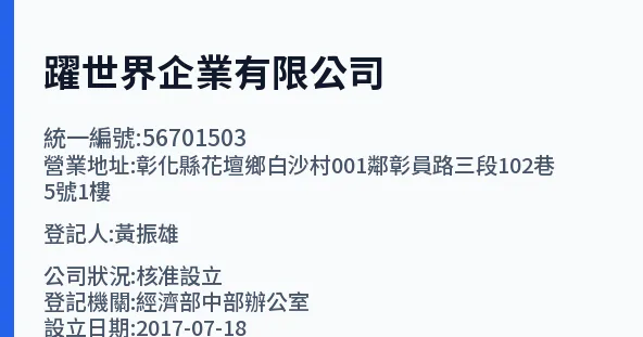 躍世界企業有限公司的照片-統編 56701503(彰化縣) 公司登記資料與營業項目詳細圖表