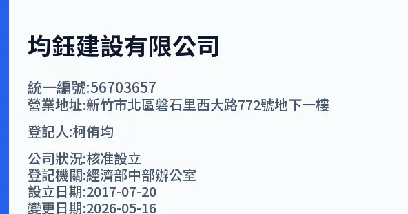 均鈺建設有限公司的照片-統編 56703657(新竹市) 公司登記資料與營業項目詳細圖表