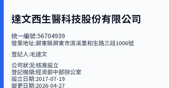 達文西生醫科技股份有限公司的照片-統編 56704939(屏東縣) 公司登記資料與營業項目詳細圖表
