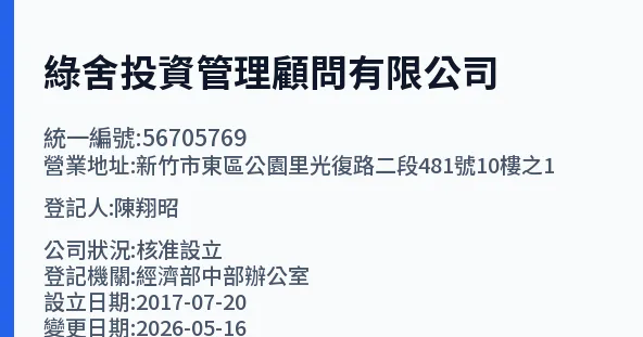 綠舍投資管理顧問有限公司的照片-統編 56705769(新竹市) 公司登記資料與營業項目詳細圖表