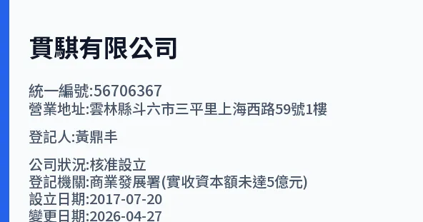 貫騏有限公司的照片-統編 56706367(雲林縣) 公司登記資料與營業項目詳細圖表