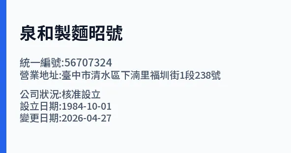泉和製麵昭號的照片-統編 56707324(臺中市) 公司登記資料與營業項目詳細圖表