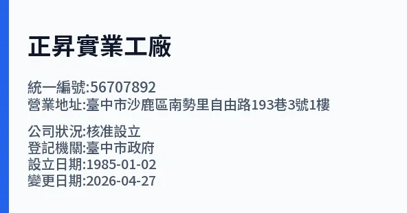 正昇實業工廠的照片-統編 56707892(臺中市) 公司登記資料與營業項目詳細圖表