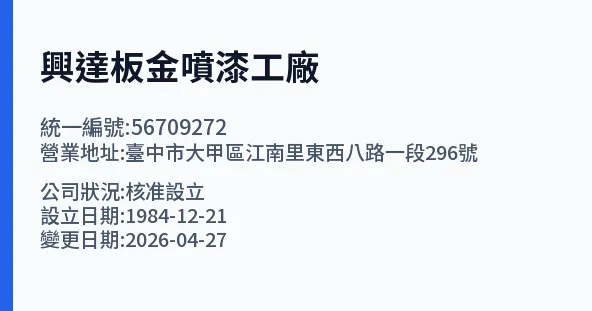 興達板金噴漆工廠的照片-統編 56709272(臺中市) 公司登記資料與營業項目詳細圖表