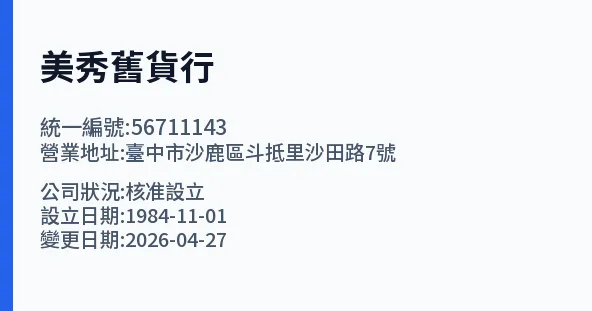 美秀舊貨行的照片-統編 56711143(臺中市) 公司登記資料與營業項目詳細圖表