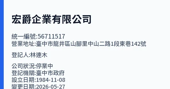 宏爵企業有限公司的照片-統編 56711517(臺中市) 公司登記資料與營業項目詳細圖表