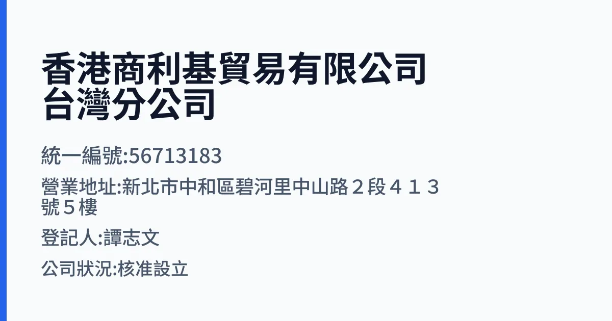 香港商利基貿易有限公司台灣分公司 - 統編 56713183(新北市) 公司登記資料與營業項目詳細圖表