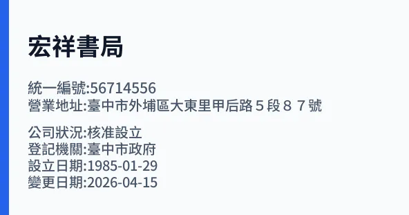 宏祥書局的照片-統編 56714556(臺中市) 公司登記資料與營業項目詳細圖表