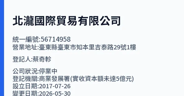 北瀧國際貿易有限公司的照片-統編 56714958(臺東縣) 公司登記資料與營業項目詳細圖表