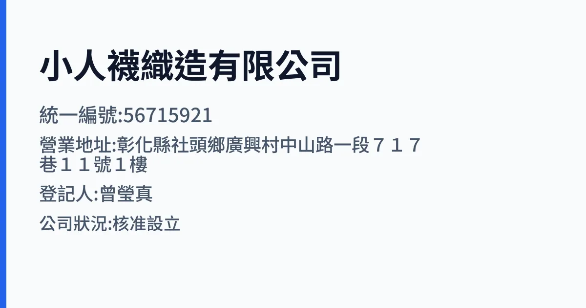 小人襪織造有限公司 - 統編 56715921(彰化縣) 公司登記資料與營業項目詳細圖表
