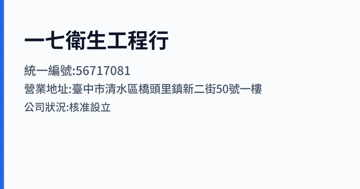 一七衛生工程行 - 統編 56717081(臺中市) 公司登記資料與營業項目詳細圖表