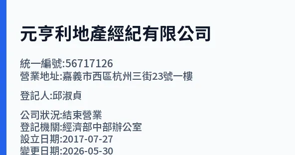 元亨利地產經紀有限公司的照片-統編 56717126(嘉義市) 公司登記資料與營業項目詳細圖表