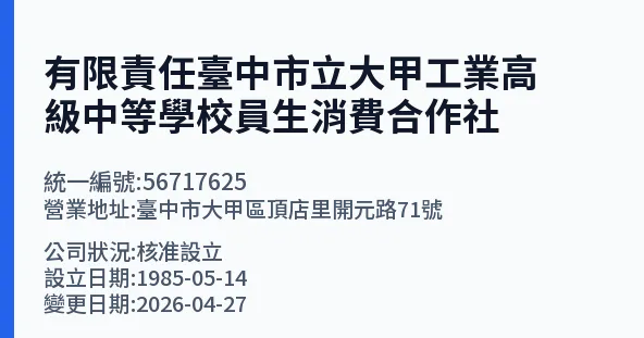 有限責任臺中市立大甲工業高級中等學校員生消費合作社的照片-統編 56717625(臺中市) 公司登記資料與營業項目詳細圖表