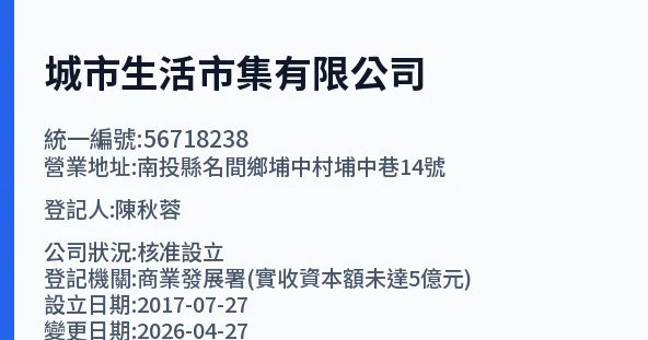 城市生活市集有限公司的照片-統編 56718238(南投縣) 公司登記資料與營業項目詳細圖表