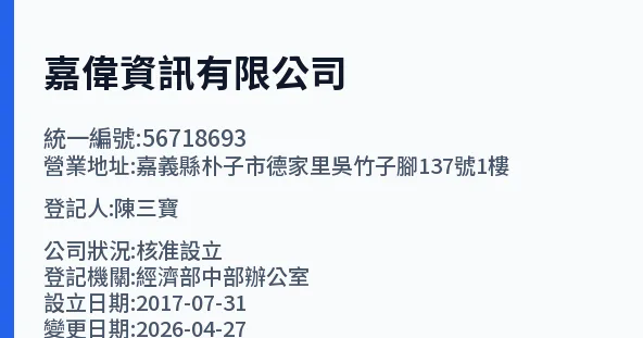 嘉偉資訊有限公司的照片-統編 56718693(嘉義縣) 公司登記資料與營業項目詳細圖表