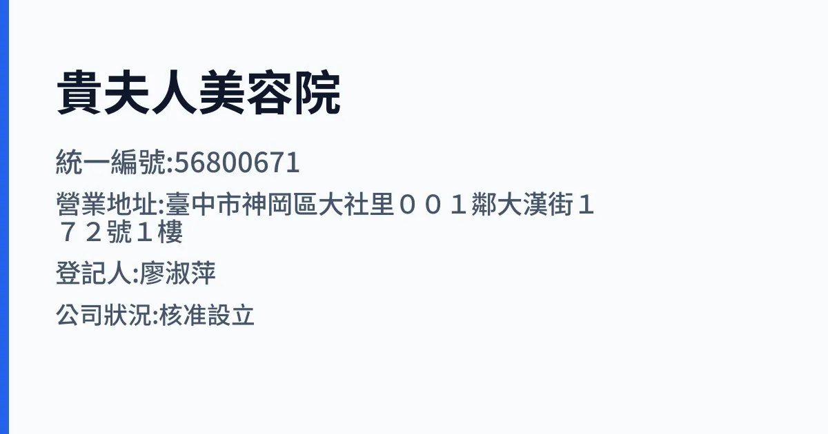 貴夫人美容院 - 統編 56800671(臺中市) 公司登記資料與營業項目詳細圖表