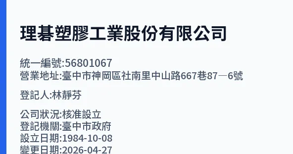 理碁塑膠工業股份有限公司的照片-統編 56801067(臺中市) 公司登記資料與營業項目詳細圖表