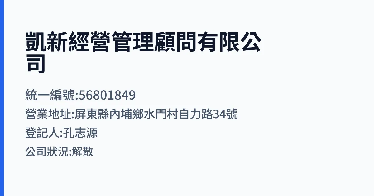 凱新經營管理顧問有限公司 - 統編 56801849(屏東縣) 公司登記資料與營業項目詳細圖表