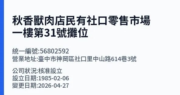 秋香獸肉店民有社口零售市場一樓第31號攤位的照片-統編 56802592(臺中市) 公司登記資料與營業項目詳細圖表