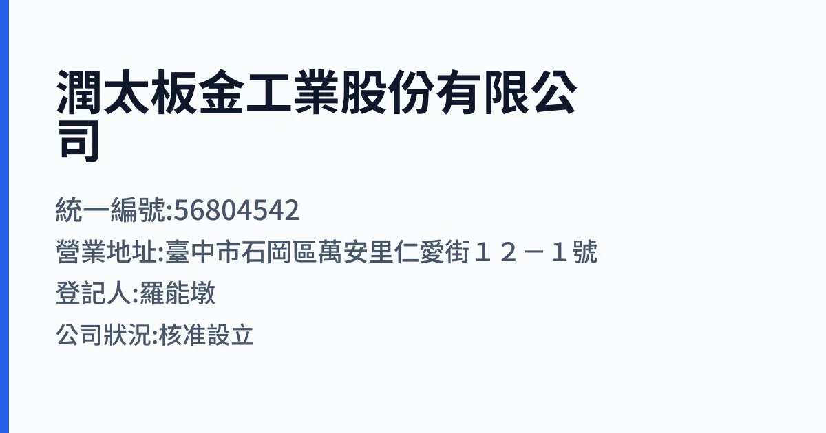 潤太板金工業股份有限公司 - 統編 56804542(臺中市) 公司登記資料與營業項目詳細圖表