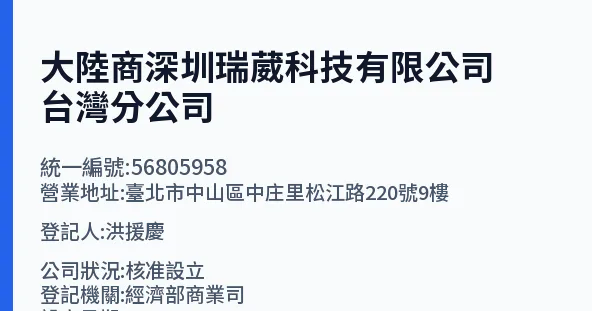 大陸商深圳瑞葳科技有限公司台灣分公司的照片-統編 56805958(臺北市) 公司登記資料與營業項目詳細圖表