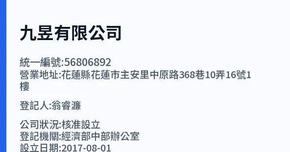 九昱有限公司的照片-統編 56806892(花蓮縣) 公司登記資料與營業項目詳細圖表
