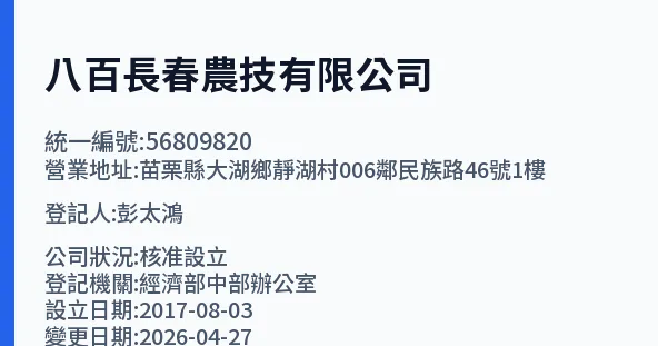 八百長春農技有限公司的照片-統編 56809820(苗栗縣) 公司登記資料與營業項目詳細圖表