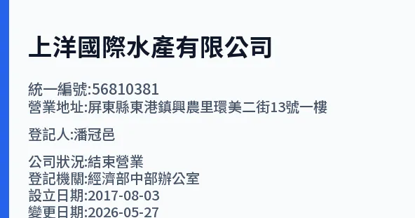 上洋國際水產有限公司的照片-統編 56810381(屏東縣) 公司登記資料與營業項目詳細圖表