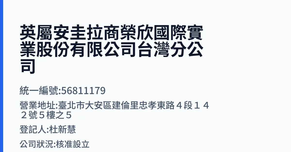 英屬安圭拉商榮欣國際實業股份有限公司台灣分公司 - 統編 56811179(臺北市) 公司登記資料與營業項目詳細圖表