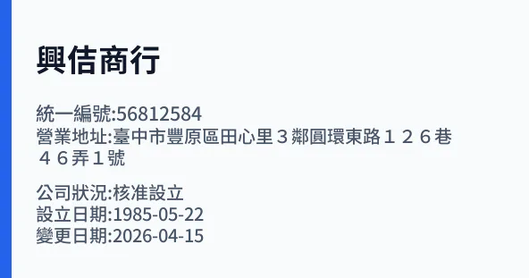 興佶商行的照片-統編 56812584(臺中市) 公司登記資料與營業項目詳細圖表
