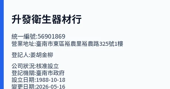 升發衛生器材行的照片-統編 56901869(臺南市) 公司登記資料與營業項目詳細圖表