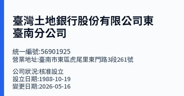 臺灣土地銀行股份有限公司東臺南分公司的照片-統編 56901925(臺南市) 公司登記資料與營業項目詳細圖表