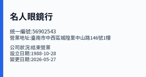 名人眼鏡行的照片-統編 56902543(臺南市) 公司登記資料與營業項目詳細圖表