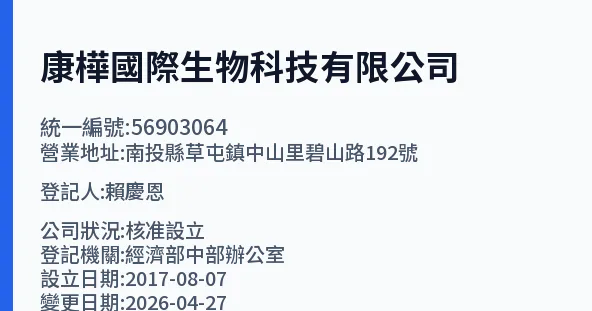康樺國際生物科技有限公司的照片-統編 56903064(南投縣) 公司登記資料與營業項目詳細圖表