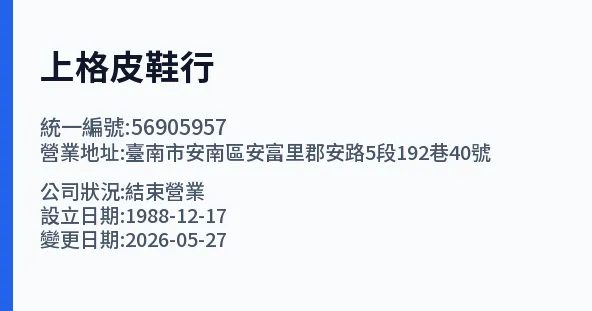 上格皮鞋行的照片-統編 56905957(臺南市) 公司登記資料與營業項目詳細圖表