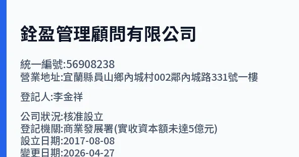 銓盈管理顧問有限公司的照片-統編 56908238(宜蘭縣) 公司登記資料與營業項目詳細圖表