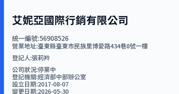 艾妮亞國際行銷有限公司的照片-統編 56908526(臺東縣) 公司登記資料與營業項目詳細圖表