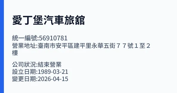 愛丁堡汽車旅舘的照片-統編 56910781(臺南市) 公司登記資料與營業項目詳細圖表