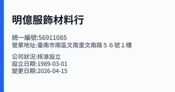 明億服飾材料行的照片-統編 56911085(臺南市) 公司登記資料與營業項目詳細圖表