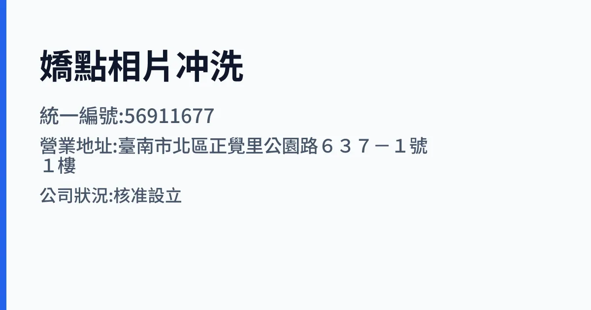 嬌點相片冲洗 - 統編 56911677(臺南市) 公司登記資料與營業項目詳細圖表