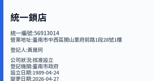 統一鎖店的照片-統編 56913014(臺南市) 公司登記資料與營業項目詳細圖表