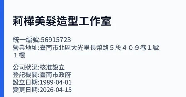 莉樺美髮造型工作室的照片-統編 56915723(臺南市) 公司登記資料與營業項目詳細圖表