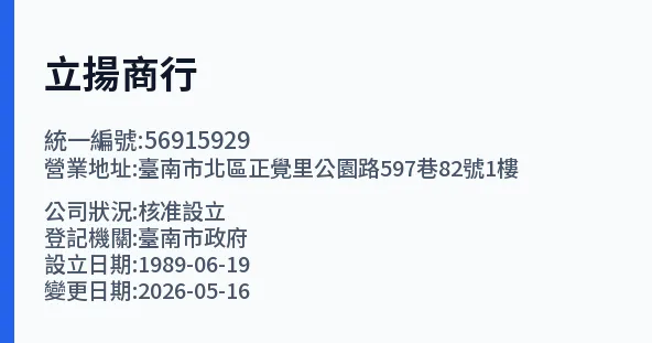 立揚商行的照片-統編 56915929(臺南市) 公司登記資料與營業項目詳細圖表