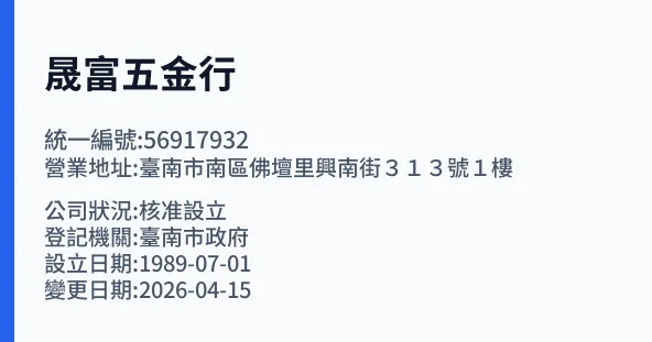 晟富五金行的照片-統編 56917932(臺南市) 公司登記資料與營業項目詳細圖表