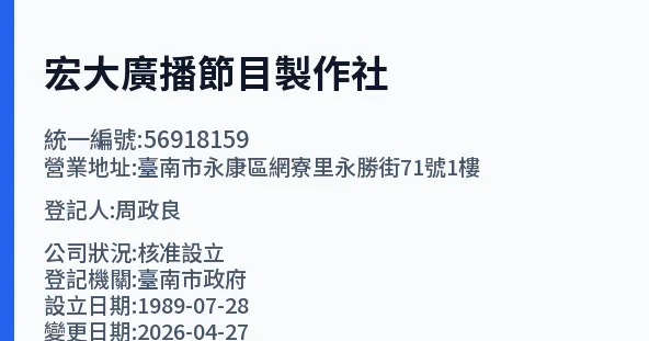 宏大廣播節目製作社的照片-統編 56918159(臺南市) 公司登記資料與營業項目詳細圖表