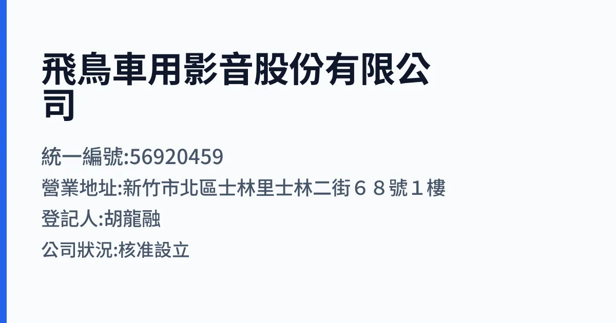 飛鳥車用影音股份有限公司 - 統編 56920459(新竹市) 公司登記資料與營業項目詳細圖表