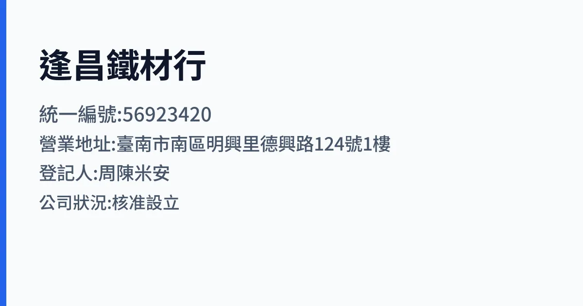逢昌鐵材行 - 統編 56923420(臺南市) 公司登記資料與營業項目詳細圖表